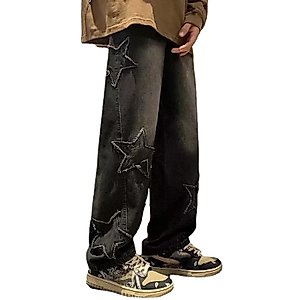 Grunge Baggy Jeans Y2K Emo Alt Cargo Pant Star Patchwork Fairycore Demin Cloting Jogger Hiphop Gothic Tripp Streetwear (Black,Large)
