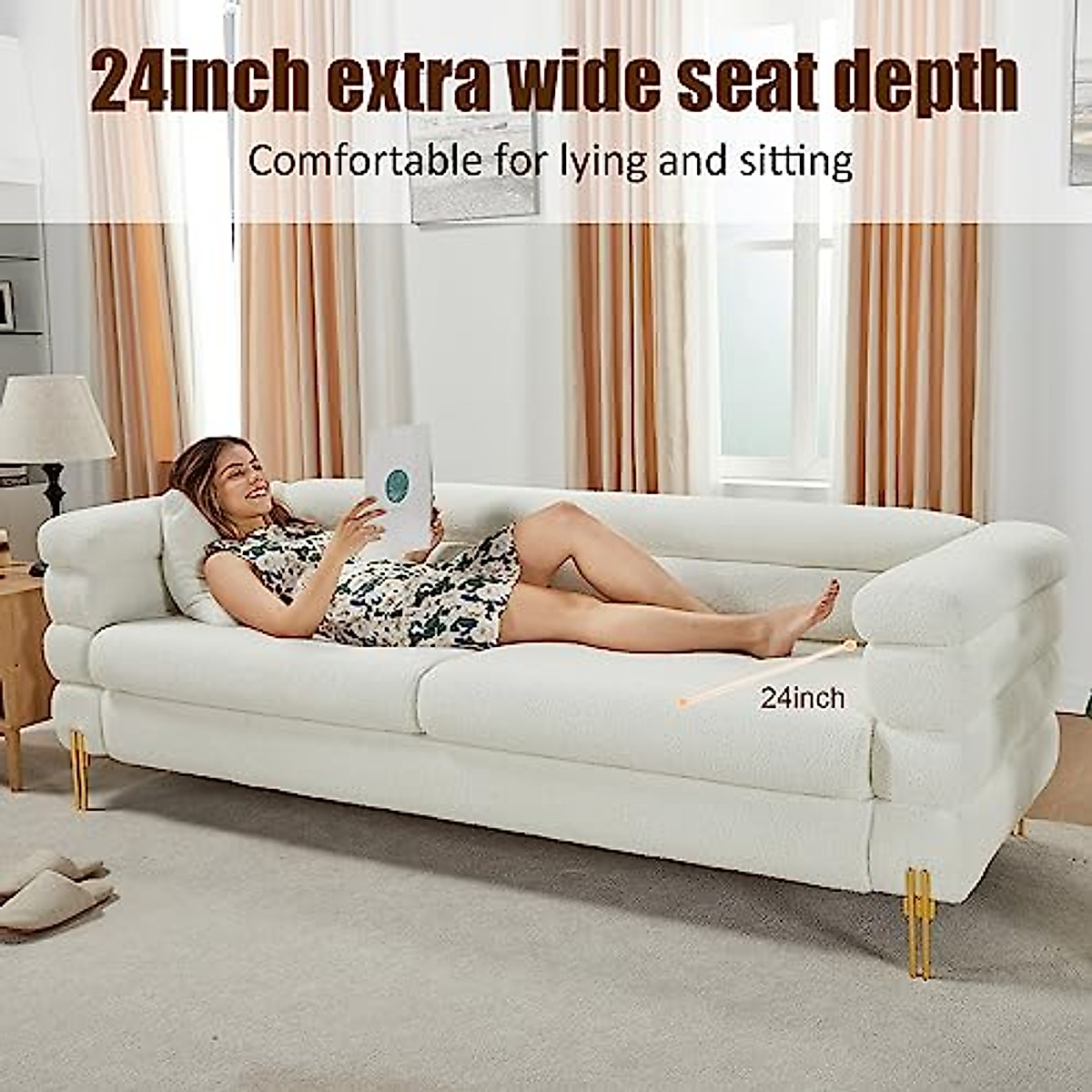 VanAcc Modern Sofa Couch, 24''Extra Deep Seat Sectional Sofa for Living Room, 85 inch Oversized Sofa, 3 Seat Sofa,White