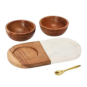 Creative Co-Op Creative Co-Op Acacia Wood and Marble Tray with 2 Acacia Wood Bowls & Brass Spoon, Set of 4 Pieces