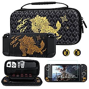 FUNDIARY Carrying Case for Nintendo Switch OLED with Monster Hunter Theme Design, Accessories Bundle Portable Bag for Switch OLED with Protective Case, Screen Protector and 2 Thumb Grips