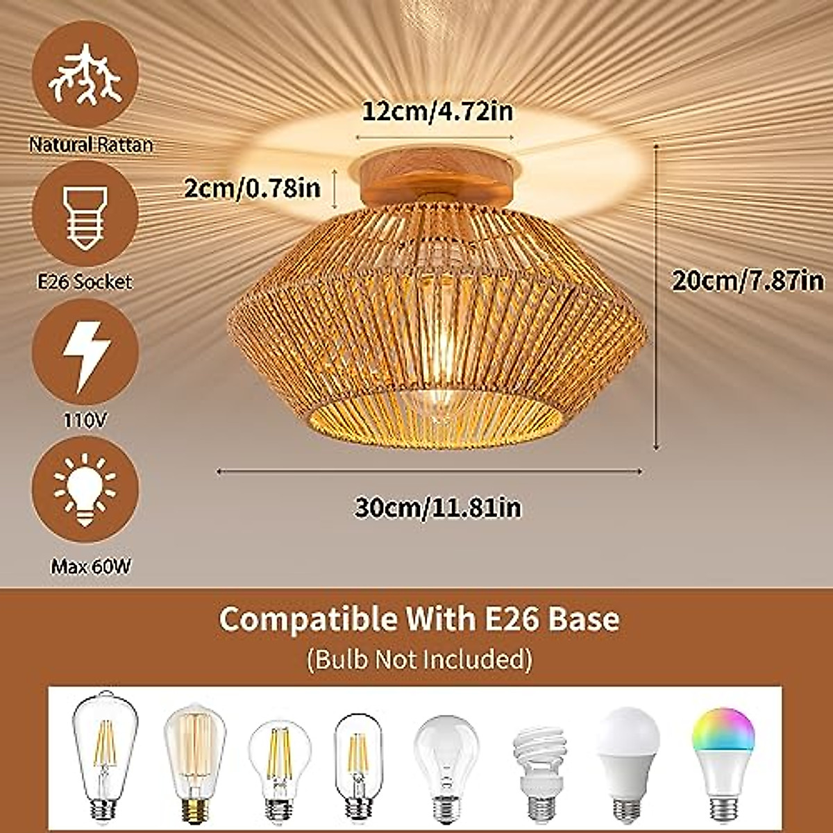 Boho Light Fixtures Rattan Ceiling Light Farmhouse Mini Hand-Woven Cage Flush Mount Chandelier for Bedroom Bathroom Hallway Entryway Living Room