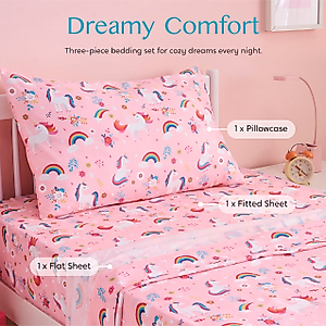 Joiedomi Kids Twin Sheet Set Unicorn - 3 Piece Soft Microfiber Bed Sheets - Deep Pocket Wrinkle Free - Cozy Toddler Bedding Set - Fade Resistant Breathable for Boys Girls Teens