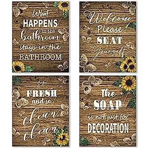IIILUYOT Sunflower Bathroom Signs Decor Art Prints, Funny Bathroom Decor Sign Rustic Farmhouse Vintage Wood Butterfly Bathroom Wall Decorations Set of 4 Set of 4 (8”X10”) Unframed