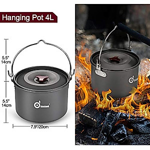 Odoland 22pcs Camping Cookware Mess Kit, Large Size Hanging Pot Pan Kettle with Base Cook Set for 4, Cups Dishes Forks Spoons Kit for Outdoor Camping Hiking Picnic