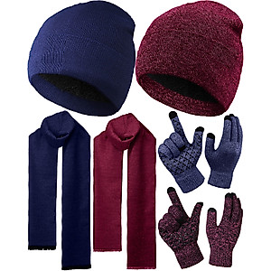 SATINIOR 6 Pieces Winter Warm Knit Beanie Hat Touchscreen Gloves Scarf Set Fleece Lining Skull Caps Neck Scarves, Navy Blue, Wine Red, One Size