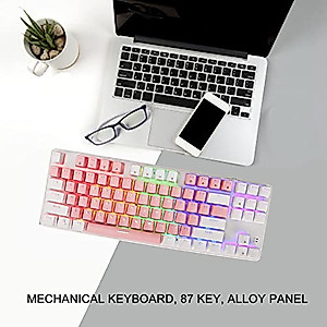Antiheavy Shadow Wired USB Mechanical Keyboard Gaming Keyboard 87 Keys RGB Backlit Keyboard for PC (Pink White)