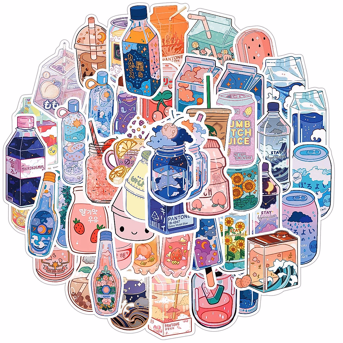 Bric Dodo 50Pcs Kawaii Cartoon Beverage Stickers Aesthetic Trendy Laptop Water Bottles Phone Skateboard Computer Cute Summer Flavored Drink Vinyl Sticker Waterproof Decal for Teens Boys Girls Adults