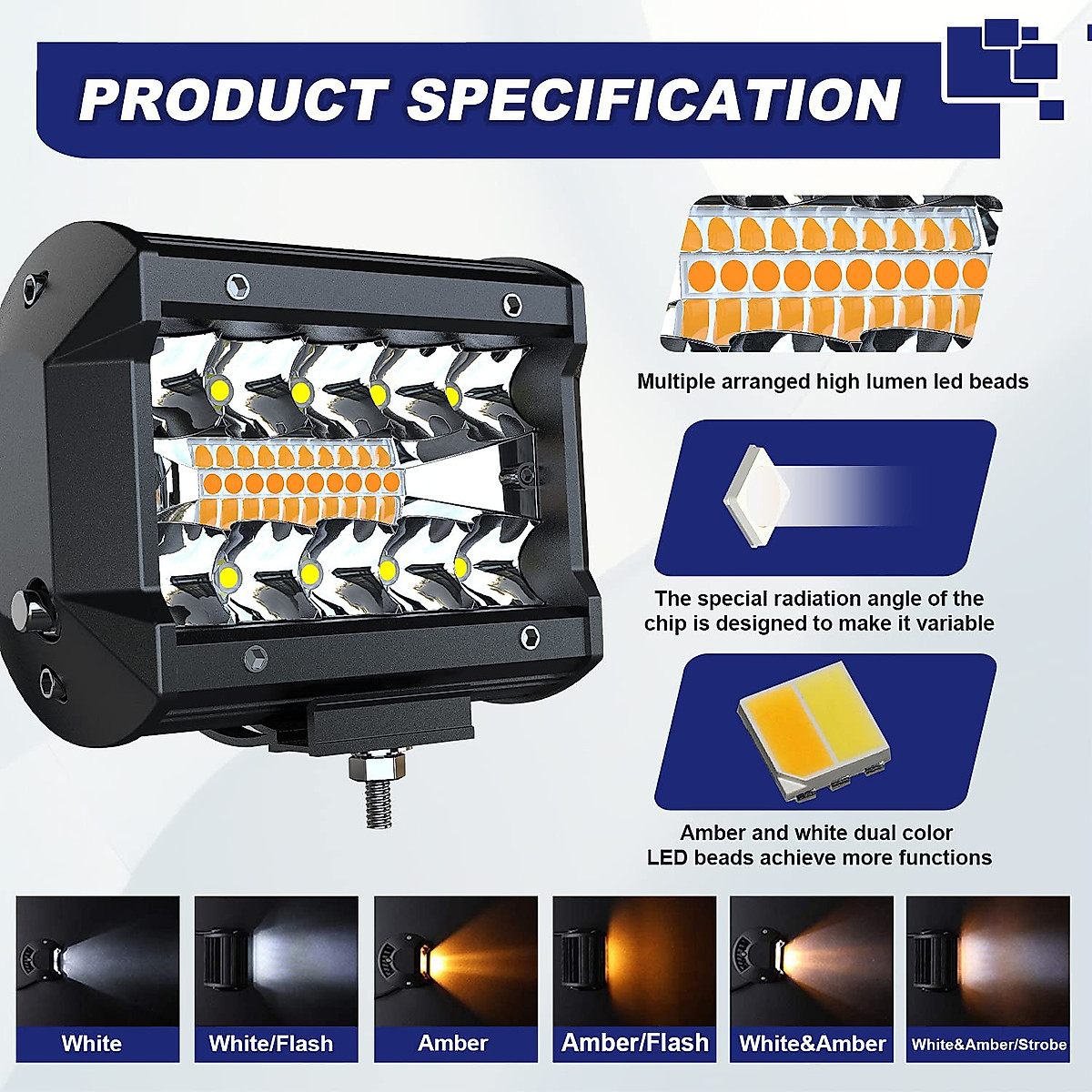 ASLONG 20 Inch LED Light Bar Combo Beam Offroad Driving Light + 2x 4inch White/Amber Yellow LED Pods Strobe Lights + Tube Clamp Mounting Bracket UTV Flag Mount Whip Light Mount w/Wiring for Pickup 4WD