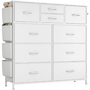 White Dresser for Bedroom, Bedroom Dressers & Chests of Drawer, White Closet Fabric Dressers, 10 Drawers Dresser w/Side Pockets, Hooks, Dresser Storage Organizer for Hallway, Entryway, Kids Room