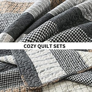 PERHOM Quilt Queen Size - 100% Cotton Farmhouse Rustic Queen Quilt Set, Cabin Bedding Set Bedspreads, Lodge Lightweight Patchwork Plaid Quilted Comforter for Queen Bed, Grey/Brown/Beige