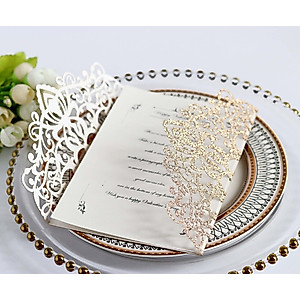 KALOPEZY 50PCS Wedding Invitation,Rose Gold invitations,Gold Powder Floral Laser Cut with Blank Inner Sheet, Envelopes and Ribbons for Party Wedding Engagement Bridal Bridal Shower Invite (Rose Gold)