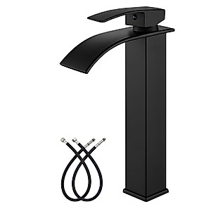 gotonovo Waterfall Tall Bathroom Faucet Single Handle Bathroom Faucets for Sink 1 Hole Stainless Steel Vessel Sink Faucet Modern Mixer Tap Wash Basin Faucet Without Pop Up Drain, Matte Black