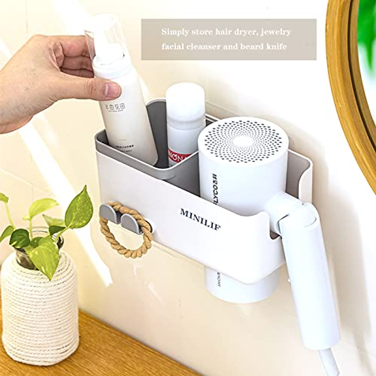 MINLIF Wall Mounted Hair Dryer Holder,Hair Dryer Organizer,Bathroom Storage Organizer, Suitable for Hair Dryer, Facial Cleanser, Toothpaste and Hairpin