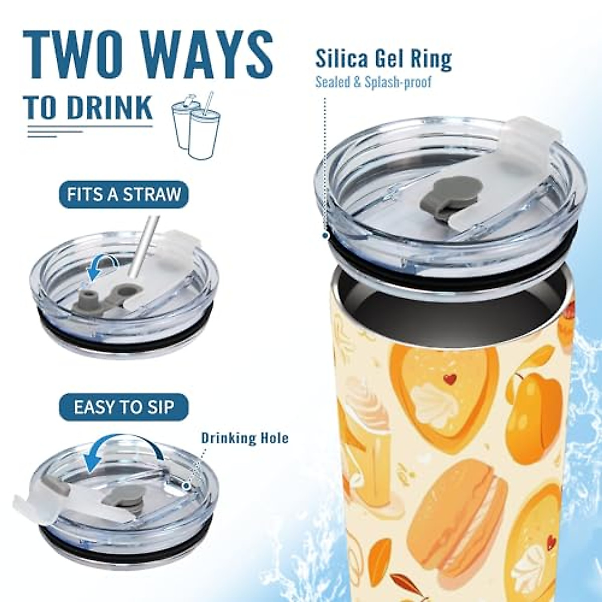 QWEUIOP 20oz Insulated Travel Coffee Mug Cake Peach Pattern Stainless Steel Tumbler with Lid Double Wall Vacuum Coffee Cup For Hot and Cold Drinks14134