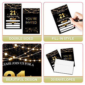 21th Birthday Invitations with Envelopes - Black Gold Glitter Fill-in Invites Cards - Surprise Birthday Party Invitation Card for Him/Her - Adults Birthday Party Favors Supplies Decorations (20 Pack)