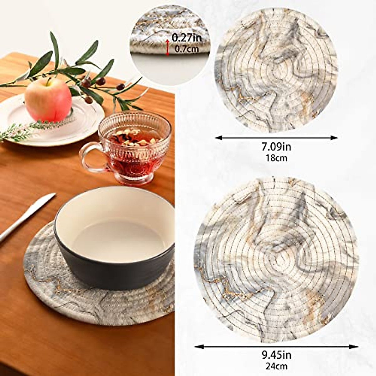 Boccsty White Gold Marble Trivet Mat 2PCS Round Woven Potholders Kitchen Table Countertop Protector Hot Pads Farmhouse Coasters Counter Mats?for Cooking Baking