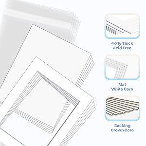 AUEAR, 5 Pack White 11X14 Bevel Cut White Core Picture Mat for 8.5X11 Photo/Print/Artworks - 5 Pre-Cut Acid Free Picture Frame Mat + 5 Backing Board + 5 Clear Bag