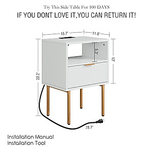 Masupu Nightstand with Charging Station,Mid-Century Modern Bedside Table with Storage Drawer and Open Wood Shelf,Small Gold Frame Side Table for Bedroom,Living Room (White)