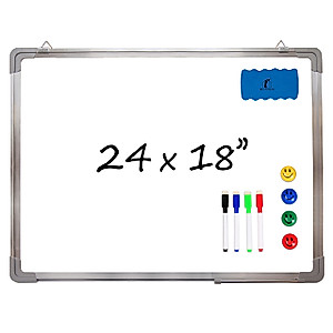 Whiteboard Set - Dry Erase Board 24 x 18 " with 1 Magnetic Dry Eraser, 4 Dry Wipe Markers and 4 Magnets - Small White Hanging Message Scoreboard for Home Office School (24x18" Landscape)