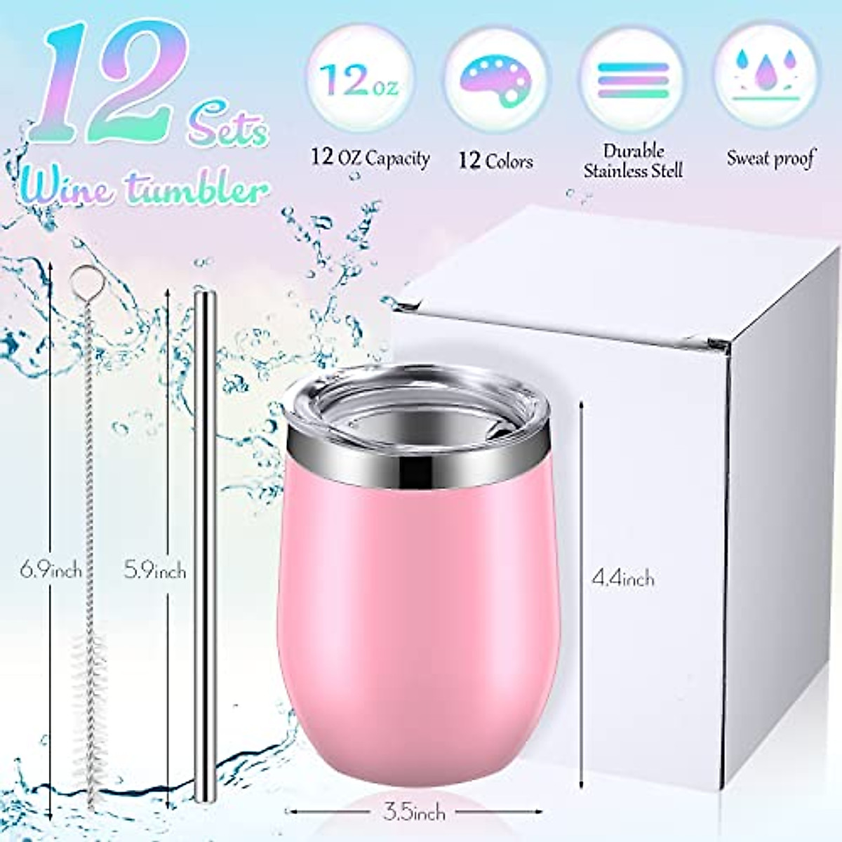 12 Pack Stainless Steel Stemless Wine Tumblers, 12 oz Double Layer Vacuum Wine Tumbler Cups with Lids and Straws, Stemless Insulated Wine Glasses for Coffee, Wine, Cocktails, Champaign, 12 Colors