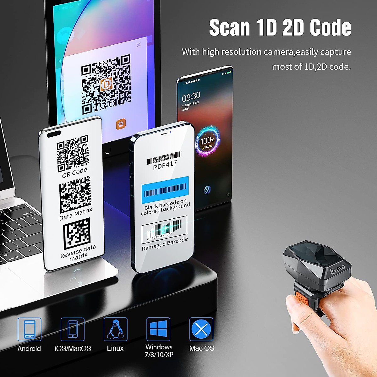 Eyoyo 2D Bluetooth Ring Barcode Scanner,Wearable Wrist Finger Wireless Scanner, Left/Right-Hand Operation,1D QR PDF417 Data Matrix Reader for iPhone, Android, Windows,Mac OS