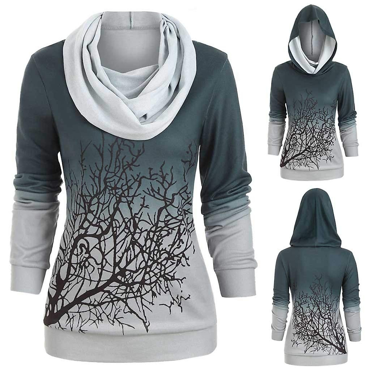 CapsA Women Womens Cowl Neck Tunic Sweatshirt Button Pullover Hoodies Plus Size Halloween Tree Print Convertible Collar Sweatshirt Green