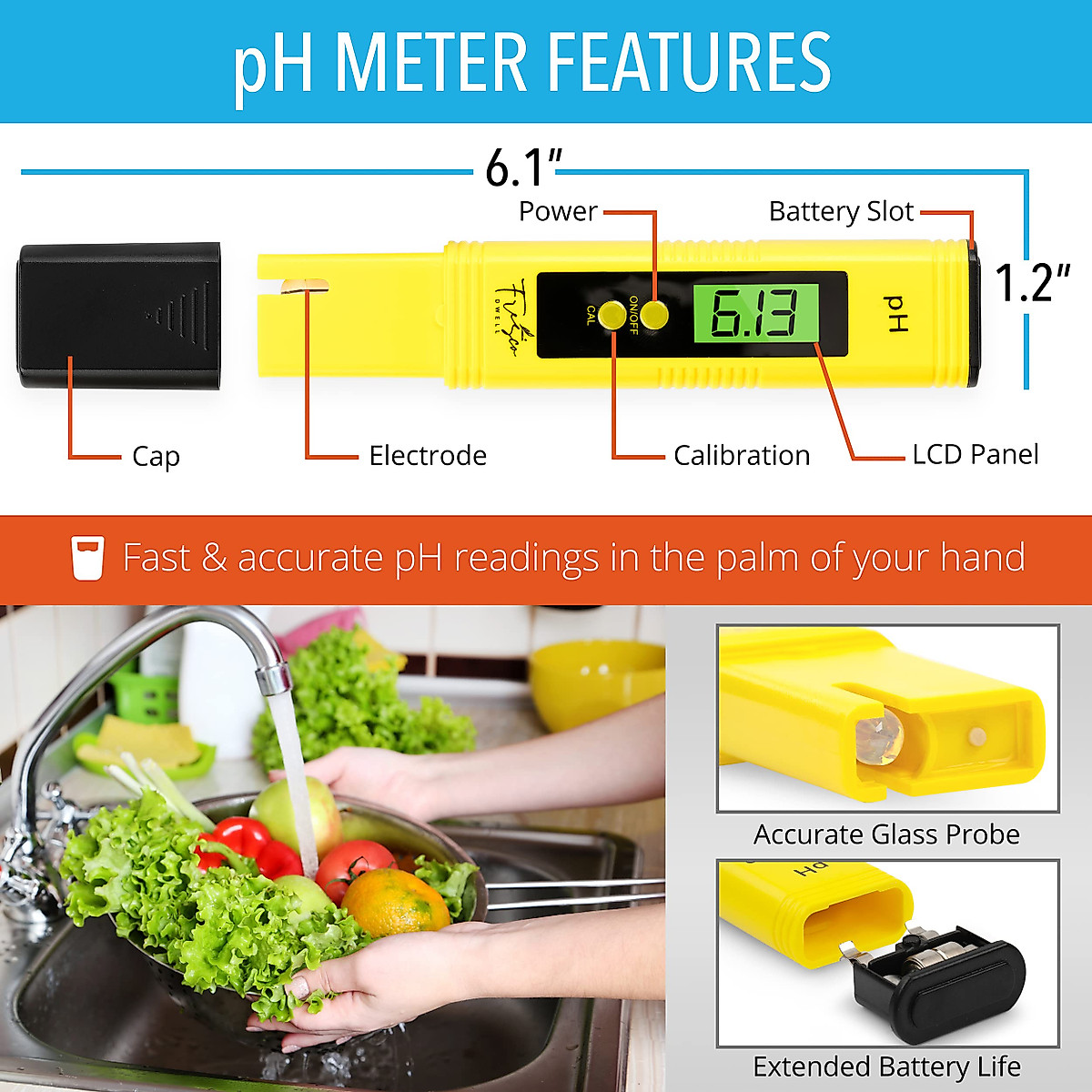 Fresco Dwell pH and TDS Meter Combo, Digital Water Tester with 3-in-1 TDS Meter, Professional High Accuracy Pen Type pH meter with ± 2% for Hou