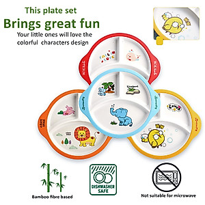 ZOOFOX 4 Pieces Kids Divided Plates, Bamboo Portion Plate with 3 Compartment, Unbreakable Cartoon Tray for Toddlers, Dishwasher Safe, BPA Free