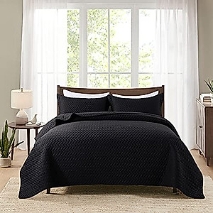 DOWNCOOL Black King Quilt Bedding Set with 2 Pillow Cases - 3 Pieces King Size Quilt Set - Lightweight Soft Bedspread Coverlet Bed Cover for All Season - King Quilt Sets(106"x96")