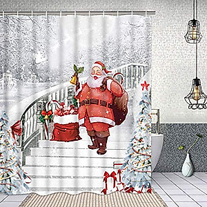 4 Pcs Merry Christmas Shower Curtain Sets with Non-Slip Bathroom Rugs, Toilet Lid Cover and Bath Mat, Santa Claus Shower Curtain with 12 Hooks, Christmas Bathroom Sets with Shower Curtain and Rugs