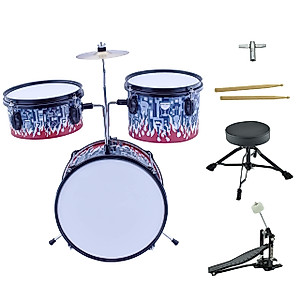 MUSICUBE Junior Drum Set, Kids Drum Set 10 inch 3-Piece with Adjustable Throne, Cymbal, Pedal & Hardwood Drumsticks, Fire Flower Painted Model