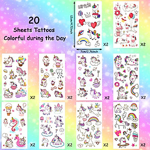 Maitys 20 Sheets 228 Pieces Luminous Unicorn Temporary Tattoos for Kids Glow in The Dark Tattoos Unicorn Games Toys for Girls Kids Birthday Party Supplies Decoration, 10 Styles