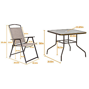 Crestlive Products 5 Piece Patio Dining Set with 4 Folding Chairs and Table Outdoor Dining Furniture with Square Glass Tabletop, Umbrella Hole for Bistro, Garden, Backyard, Deck (Beige)