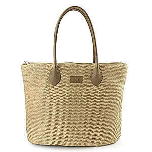HOXIS Weekender Lightweight Synthetic Straw Shopper Tote Womens Shoulder Handbag (Brown)