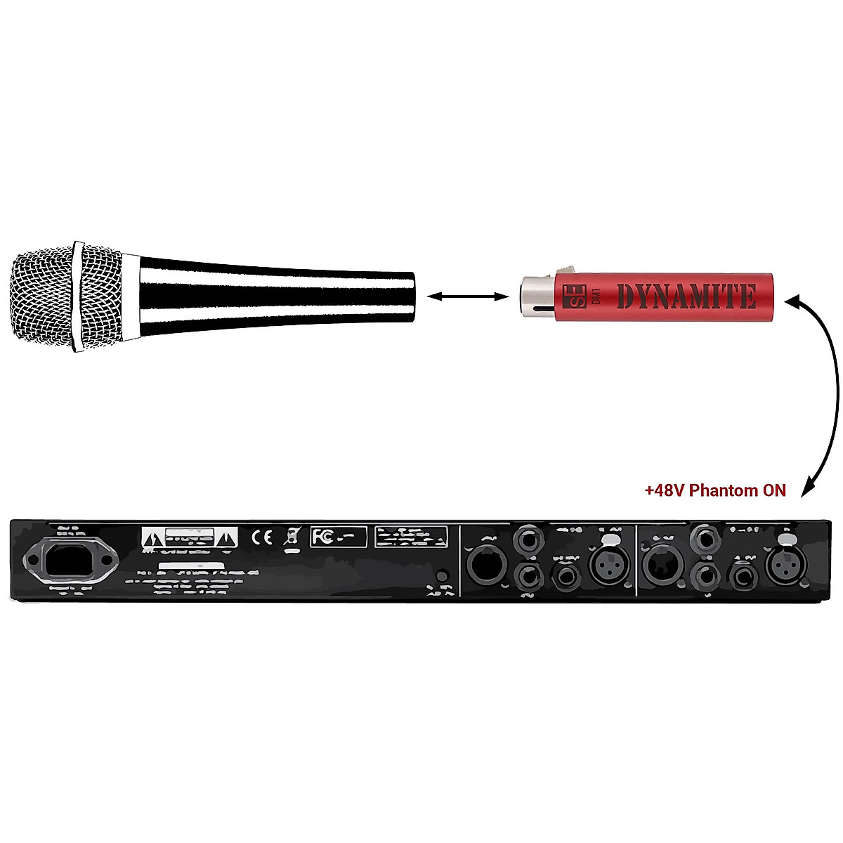 sE Electronics DM1 Dynamite Active in-Line Preamp for Dynamic and Passive Ribbon Microphones Bundle with Blucoil Boom Arm Plus Pop Filter, 10' XLR Cable, and 5-Pack of Reusable Cable Ties