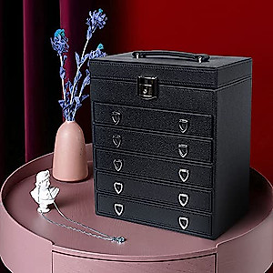 Kendal 6 Layer Large Leather Jewelry Box for Women, Lockable Jewelry Organizer Box with Mirror for Necklaces, Rings, Bracelets Jewelry, Ideal Gifts for Family Girlfriend LJC09BK