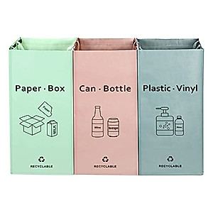 JIALAI HOME Separate Recycling Waste Bin Bags for Kitchen Home - 42 Gallon Recycling Bins (Pink, Green, Gray) Waste Trash Sorting Organizer, Reusable Waterproof, Pack of 3 Bags