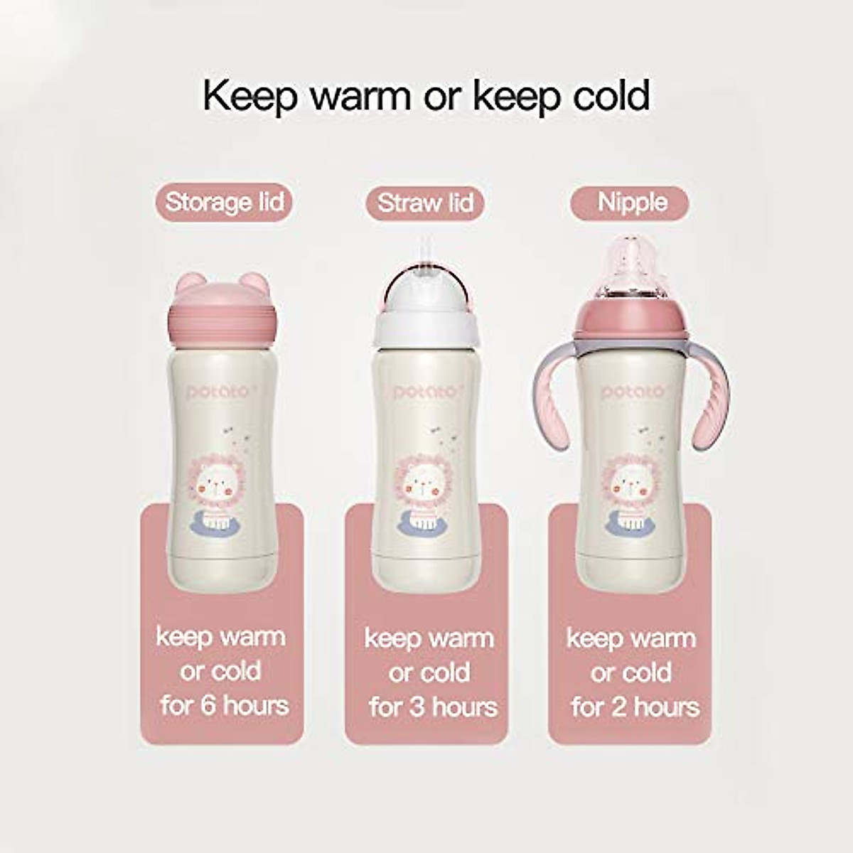 POTATO Baby Thermos Cup Water Bottle for Kids Stainless Steel Sippy Cup with 3 Kinds of Lids,Keeps Cold for 8 Hours 8 oz, Pink