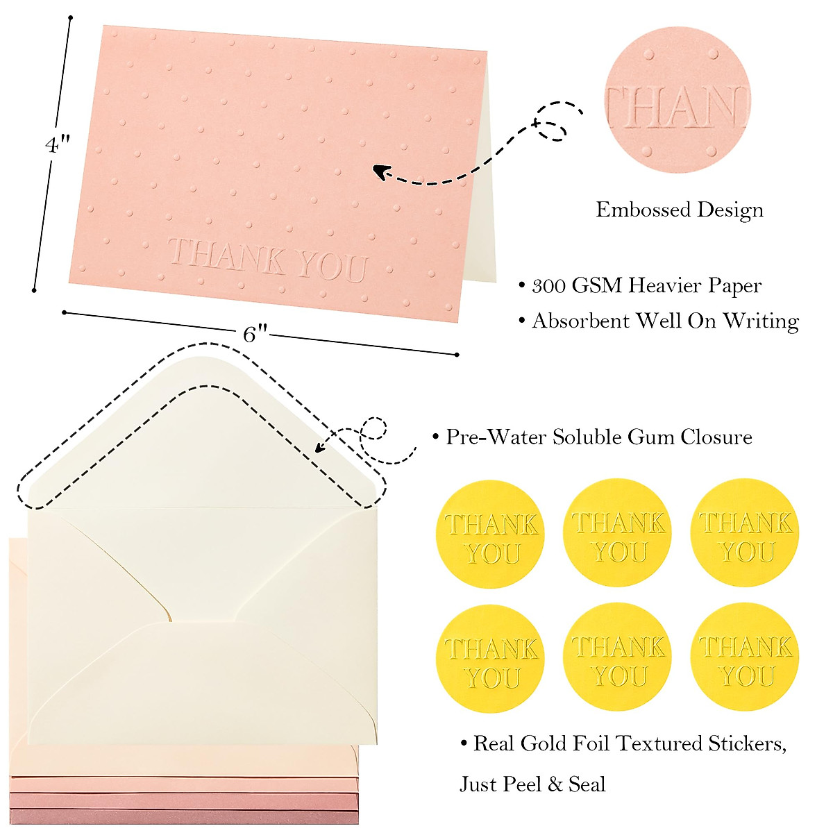 Crisky Embossed Thank You Cards (50 Pack) with Envelopes & Stickers Thank You Greeting Notes Bulk for Birthday, Baby Shower,Bridal Shower, Wedding, Graduation Shade of Dusty Rose