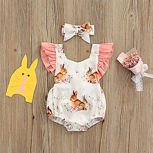 RSRZRCJ Infant Baby Girl Easter Clothes Cute Rabbit Strappy Suspender Overall Ruffle Romper Jumpsuit Bodysuit One Piece (Two Rabbits with Flowers, 0-6 Months)