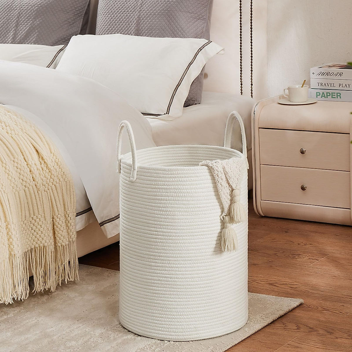 White Woven Rope Laundry Basket by TECHMILLY, 58L Baby Nursery Hamper for Clothes Blanket Storage, Large Tall Laundry Hamper for College Dorm, Bedroom, Living Room