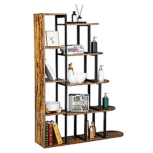 VINGLI 5-Tier Bookshelf, 5 Shelf Geometric Industrial Rustic Open Bookcase, 62.99" H L-Shape Freestanding Corner Ladder Shelf for Living Room, Study, Office, Retro Brown