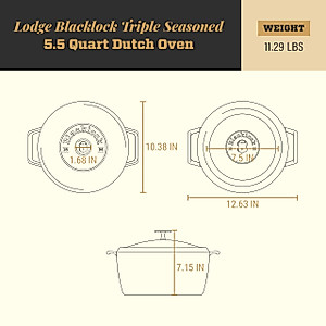 Lodge Blacklock 5.5 Qt Triple Seasoned Cast Iron Dutch Oven - 5.5 Qt Capacity - Nonstick Finish - Cast Iron Dutch Oven with Lid - Cast Iron Cookware