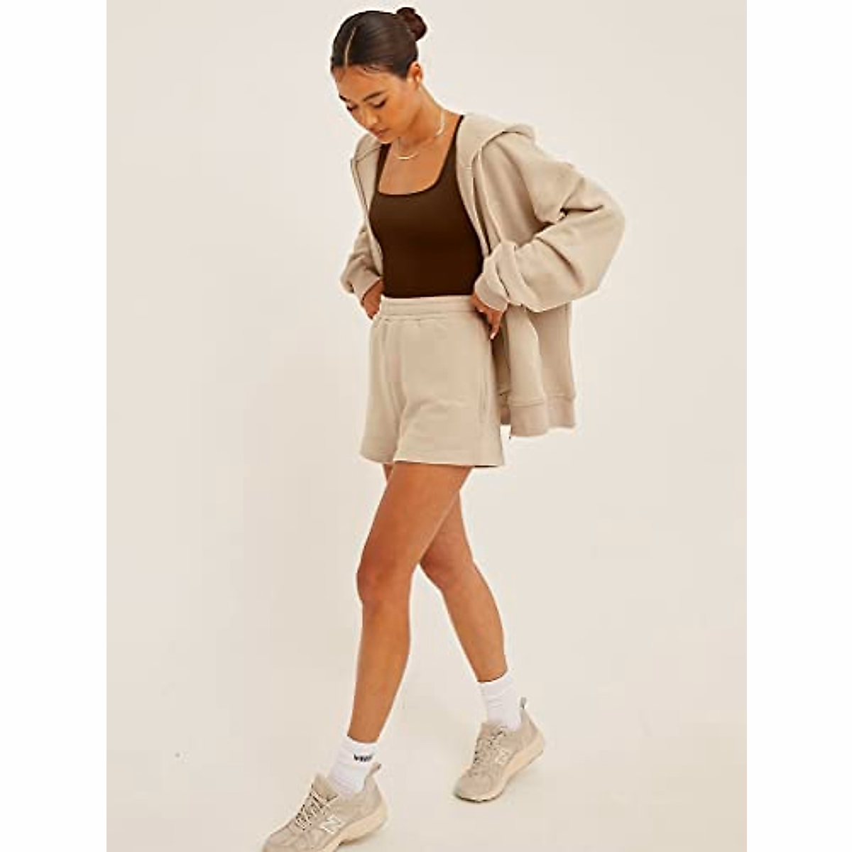 OQQ Women's 3 Piece Tank Shirt Ribbed Seamless Workout Exercise Yoga Crop, Black Coffee Beige, Large