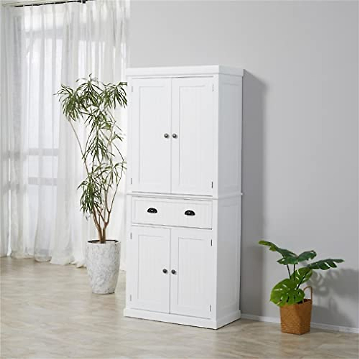 SEASD 72" Sideboard Traditional Freestanding Kitchen Pantry Cabinet Cupboard with Doors and 3 Adjustable Shelves, White