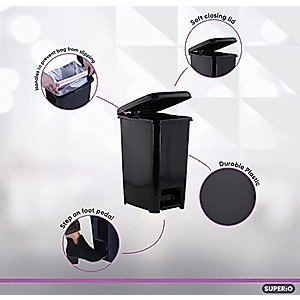 Superio Slim Trash Can with Foot Pedal – 6.5 Gallon Step-On Trash Can with Lid, Medium Plastic Garbage Can, Trashcan for Bathroom, Kitchen, Office, Bedroom, Dorm, Patio – Black, 2