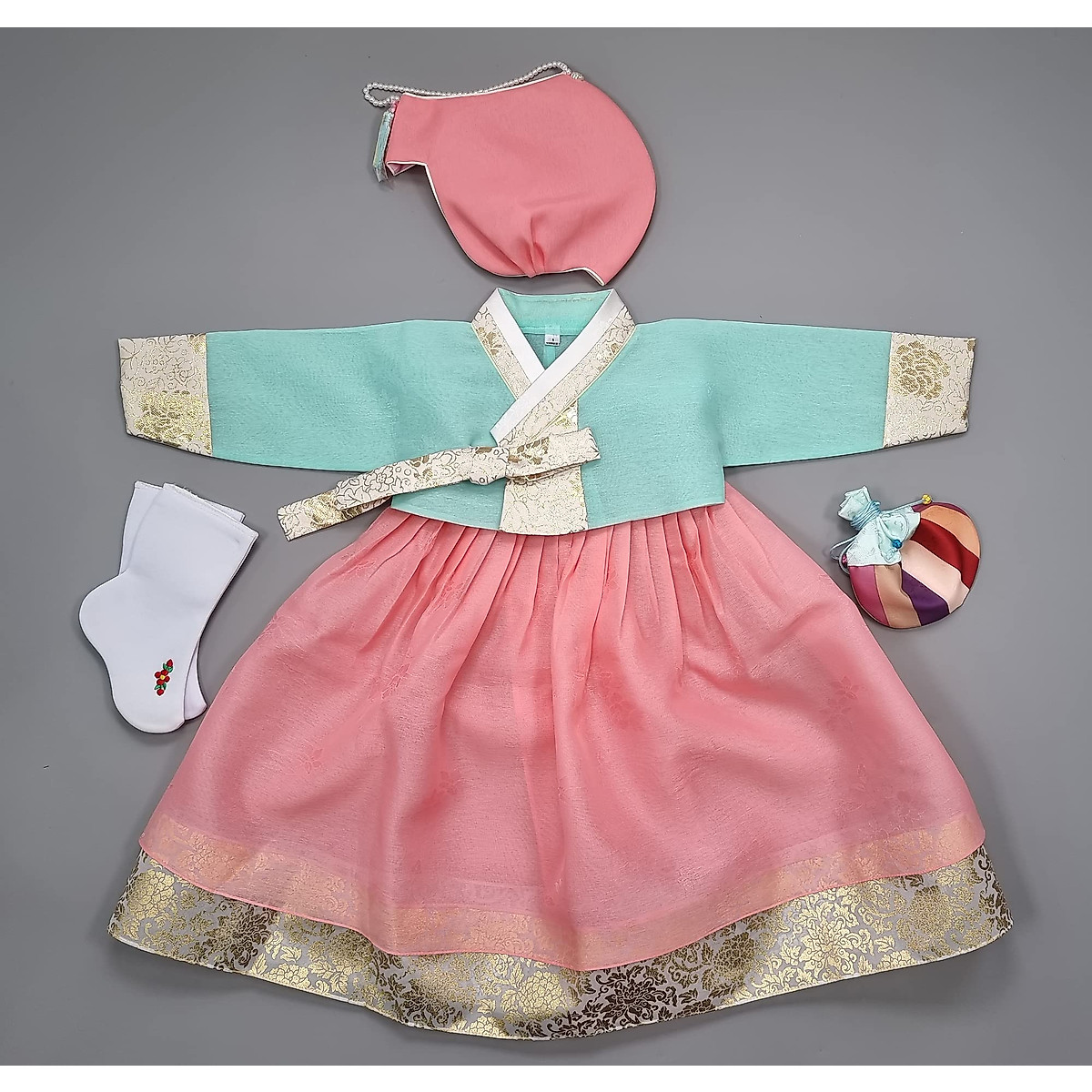 Hanbok Baby Girl Korea Traditional Clothing Dol Party Celebration 1st Birthday Ceremony Mint Coral OSMC01