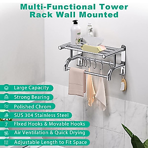 Towel Racks for Bathroom wall mounted, Adjustable 15 to 26 Inch Double Towel Bar for Bathroom, Favbal 304 Stainless Steel Bath Towel Holder with Shelf and 6 Hooks (Silver)