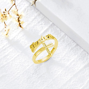 Cross Ring with Personalized Name Open Name Plate Adjustable Custom Ring Gift for Women Teen Girl (Gold, Sterling Silver)