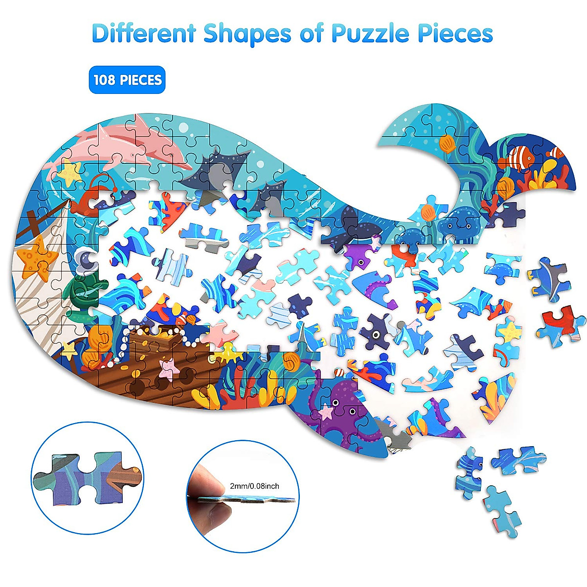 Jigsaw Puzzles for Kids Ages 4-8, 108 Pieces Whale Shaped Cardboard Puzzles for Animal Lovers, Sturdy Floor Puzzles Box and Poster, Educational Toys Gift for Boys Girls, 23.38 x 14.72 Inch